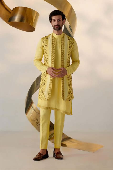 Jatin Malik Yellow Shrug And Kurta Set Indiaspopupcom