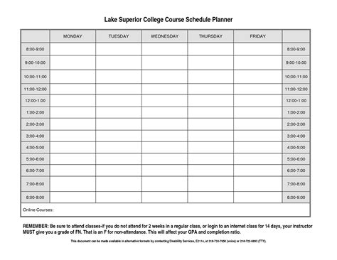 College Class Schedule Blank