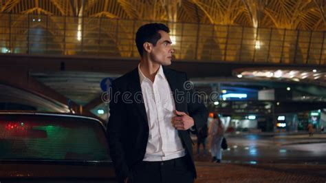 Business Driver Waiting At Night Car Place Elegant Businessman Looking