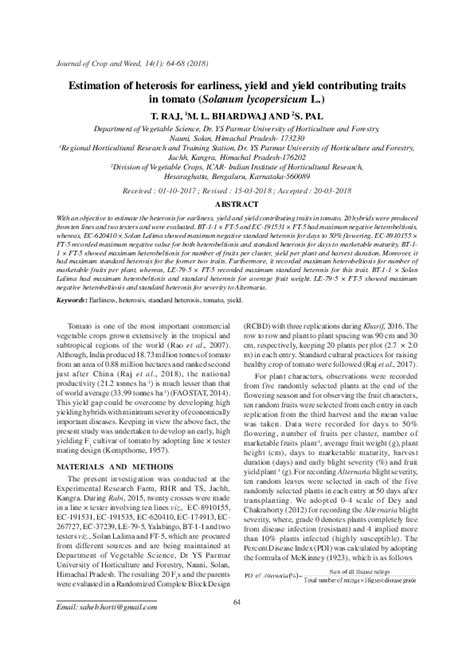 Estimation Of Heterosis For Earliness Yield And Yield Contributing