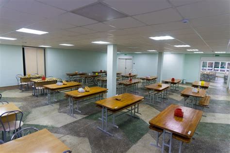 Cafeteria Dining Room In University Cafe With Tables And Chairs