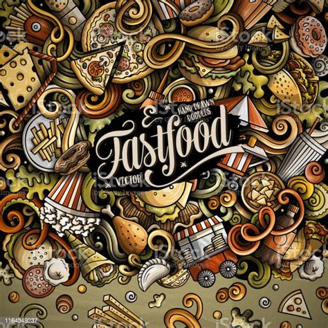 패스트 푸드 손으로 그린 벡터 낙서 그림입니다 패스트 푸드 프레임 카드 디자인 3차원 형태에 대한 스톡 벡터 아트 및 기타