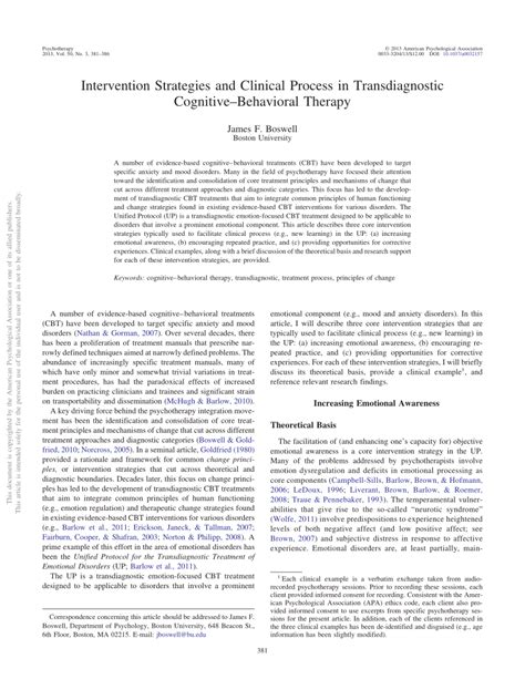 Pdf Intervention Strategies And Clinical Process In Transdiagnostic Cognitive Behavioral Therapy