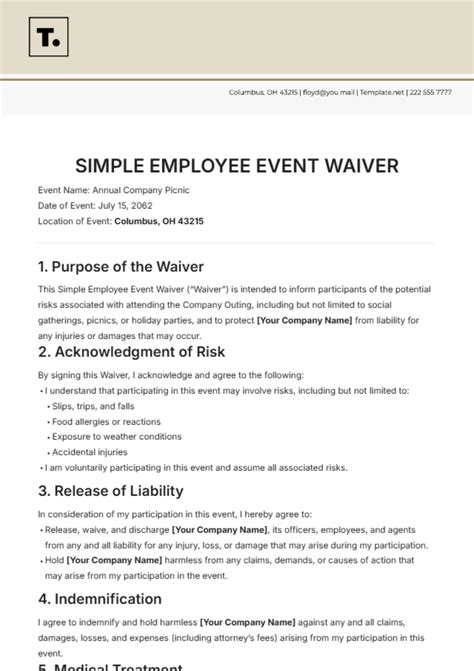 Free Simple Employee Event Waiver Template To Edit Online