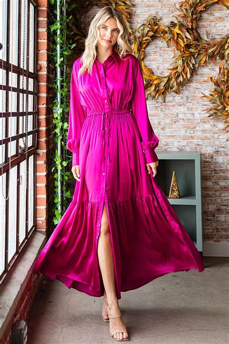 Satin Collared Long Sleeve Maxi Adorabella Boutique