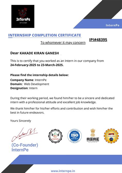 🚀 Successfully Completed My Web Development Internship At Internpe Kiran Kakade