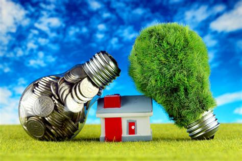전구 안의 동전 잔디와 미니어처 하우스가 있는 녹색 에코 전구 재생 가능 에너지 개념입니다 전기 가격 가정의 에너지 절약 0명에