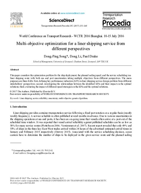 Pdf Multi Objective Optimization For A Liner Shipping Service From