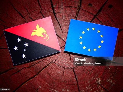 고립 된 나무 등 걸에 유럽 연합 플래그와 파푸아 뉴 기니 깃발 0명에 대한 스톡 사진 및 기타 이미지 0명 Friendly Match 개념 Istock