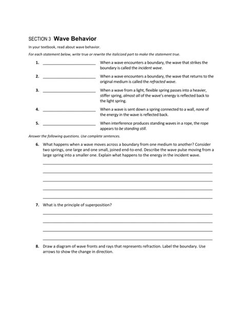 Wave Behavior Worksheet Physics Problems And Concepts