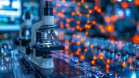 A Microscope Is Sitting On A Table With Some Lights Behind It Ai Stock Image Image Of