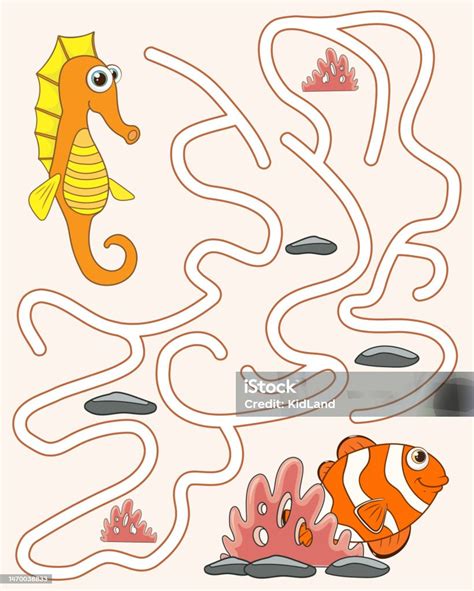 해마가 친구 물고기로가는 길을 찾도록 도와주세요 아이들을위한 논리 게임 출입 대답이있는 미로 귀여운 캐릭터 물고기와 교육 미로 게임 벡터 만화 스타일 그림입니다 0명에 대한