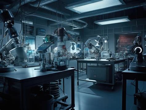 Robotic Lab Conducting Futuristic Experiments Stock Illustration Illustration Of Advanced