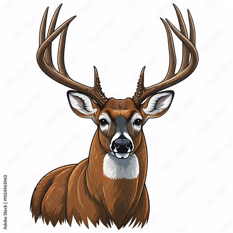 Whitetail Deer Buck Portrait Illustration With Brown Fur And Antlers On