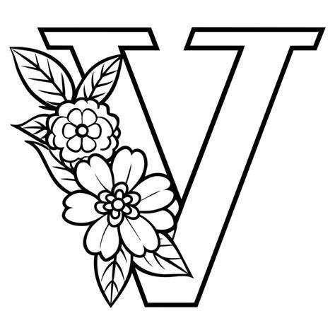 Alphabet V Coloring Page With The Flower V Letter Digital Outline