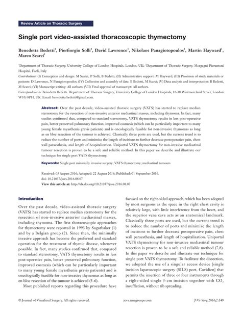 Pdf Single Port Video Assisted Thoracoscopic Thymectomy