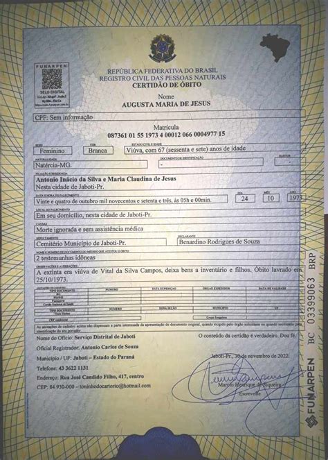 Certidão De Óbito De Augusta Maria De Jesus