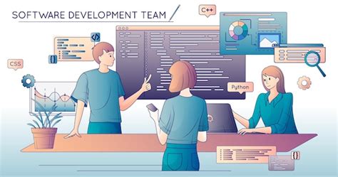 Premium Vector Software Development Flat Line Composition With View Of Programmers Team