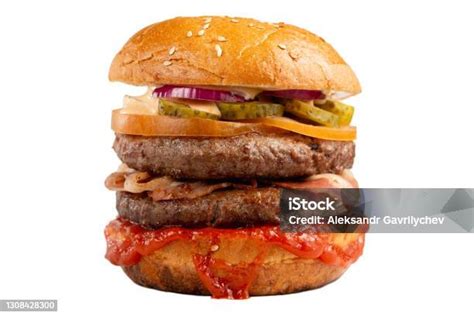 흰색 고립 된 배경에 맛있는 햄버거 치즈와 두 개의 패티와 맛있는 신선한 건강에 해로운 햄버거 패스트 푸드 건강에 해로운 식품 개념 고기에 대한 스톡 사진 및 기타 이미지
