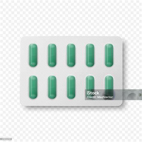 벡터 현실적인 제약 의료 녹색 알약 비타민 캡슐 물집 근접 촬영에 격리 물집 포장 디자인 템플릿의 알약입니다 전면 평면도 의학 건강 개념 3차원 형태에 대한 스톡 벡터 아트