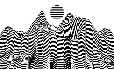 풍경 배경 흑인과 백인 패턴입니다 여러 슬라이스 라인에서 변위가 있는 광학 착시 동적 패턴 추상적인 줄무늬 배경막 브로셔 프리젠 테이션을위한 3d 초현실적 인 벡터 0명에