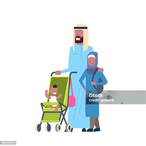 흰색 배경 성공적인 가족 개념 평면 만화에 유모차 전체 길이 아바타에 아랍 아버지 딸 아기 아들 가족에 대한 스톡 벡터 아트 및