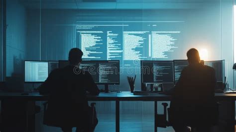 two software engineers working on code in a dark office with multiple