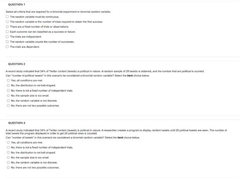 solved select all criteria that are required for a binomial