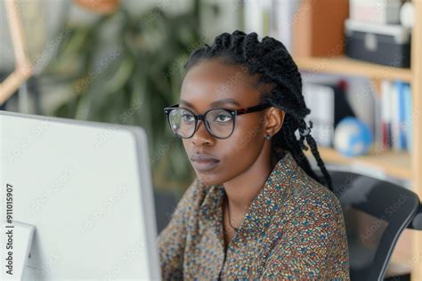 Business Face And Serious Black Woman At Computer For Research