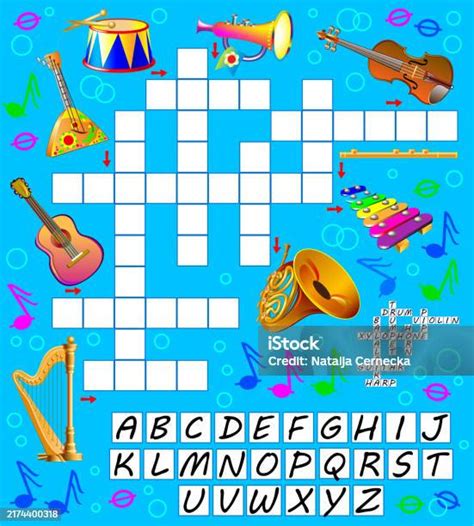 เกมปริศนาอักษรไขว้ด้วยเครื่องดนตรี หน้าการศึกษาสําหรับเด็กสําหรับการศึกษาคําศัพท์ภาษาอ ภาพประกอบ