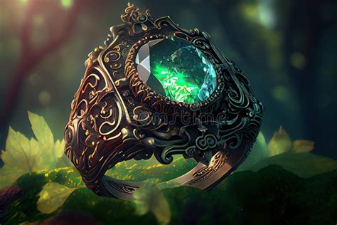 Ring Of Omnipotence Ring With Green Emerald On Leaves Stock