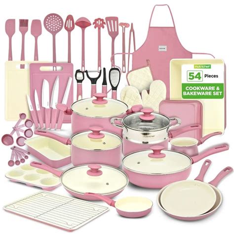 Nutrichef 54 Piece Ceramic Kitchenware Set Pots Pans And Bakeware Blush Pink Nccw54pnk In