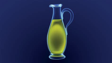 엑스트라 버진 올리브 오일 의 현실적인 아이콘 성분 지중해 요리 올리브 오일의 유리 암포라 파란색 어두운 배경에 투명 벡터 개체 엎지름에 대한 스톡 벡터 아트 및 기타