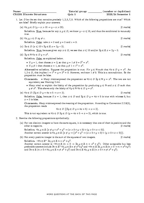 Cs1231 Discrete Structures Quiz 1 Practice Solutions 202324 Studocu