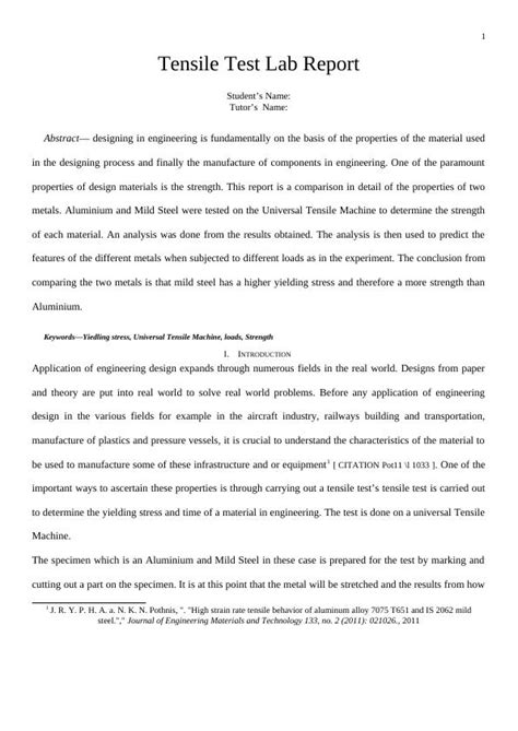 Tensile Test Experiment Lab Report Emma North