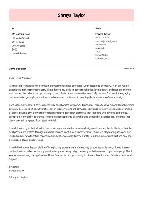 9 game designer cover letter examples and templates for 2024