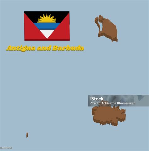 3 차원 지도 외곽선과 앤티가 바부다의 국기 검은 색 파란색과 흰색의 수평 색 두 개의 빨간색 삼각형 검은 색은 노란 반 태양입니다 0명에 대한 스톡 벡터 아트 및 기타