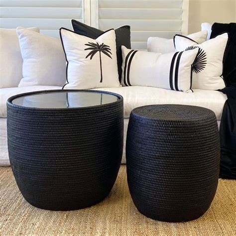 Caribbean Black Rattan Side Table With Glass Top Rattan Side Table