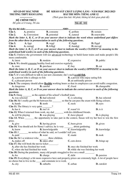 Đề Thi Thử Tiếng Anh Thpt Quốc Gia 2023 Thpt Hàm Long