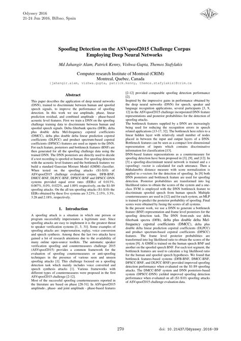Pdf Spoofing Detection On The Asvspoof2015 Challenge Corpus Employing