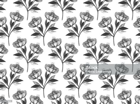 손으로 그린 수채화 이음새가 추상적 인 꽃과 꽃잎의 회색 음영 단색 색상의 원활한 패턴 드로잉에 대한 스톡 벡터 아트 및 기타 이미지 드로잉 배경 주제 식물학