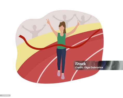 여자 주자는 승자 그녀는 빨간색 리본을 통해 결승선을 교차 경기장에서 달리기 경기 마라톤 거리 또는 스포츠 조깅 1위에 대한 스톡 벡터 아트 및 기타 이미지 Istock