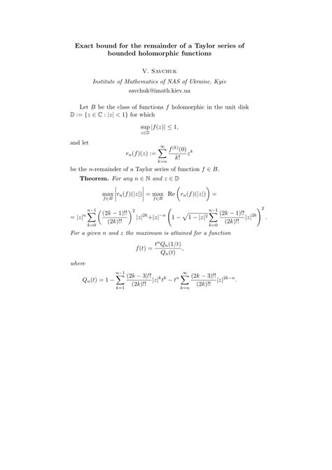 Pdf Exact Bound For The Remainder Of A Taylor Series Of Bounded