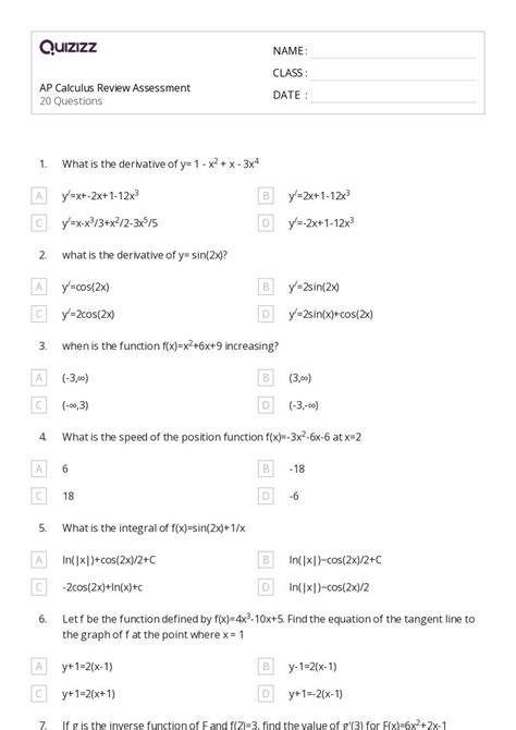50 integral calculus worksheets for 11th grade on quizizz free