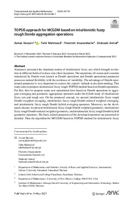 Pdf Topsis Approach For Mcgdm Based On Intuitionistic Fuzzy Rough Dombi Aggregation Operations