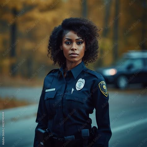 Beautiful African American Female Police Officer Walking In The City