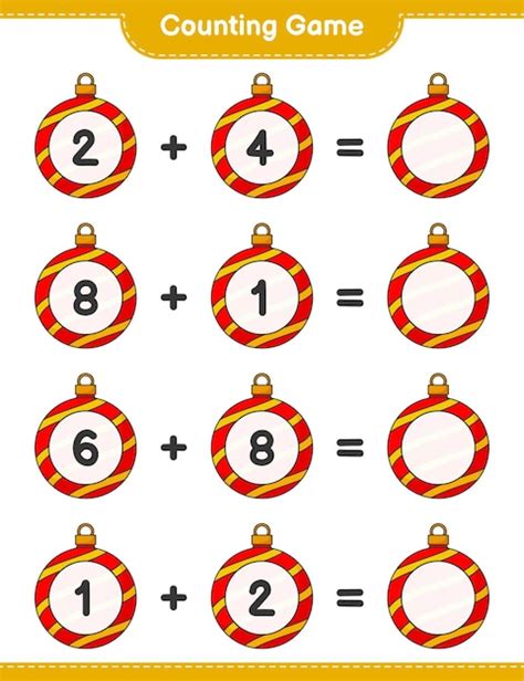 카운팅 게임은 크리스마스 공의 수를 세고 결과를 작성합니다 교육용 어린이 게임 프리미엄 벡터