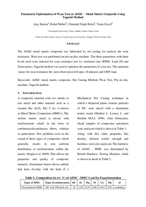 Pdf Parametric Optimization Of Wear Test On Al Sic Metal Matrix Composite Using Taguchi Method