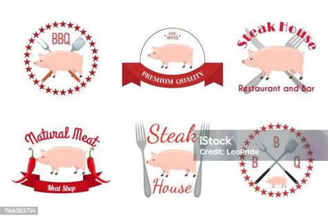 도살장 로고의 벡터 세트 돼지 아이콘 스테이크 하우스 육류 농장 고기에 대한 스톡 벡터 아트 및 기타 이미지 고기 광고