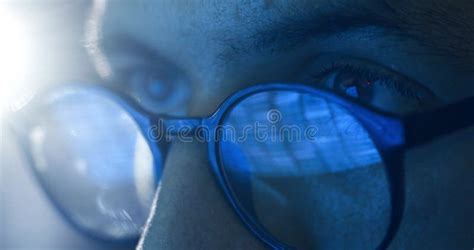 Close Up Male Eyes In Glasses Crime Hacker Programmer Work At Computer At Night Binary Program